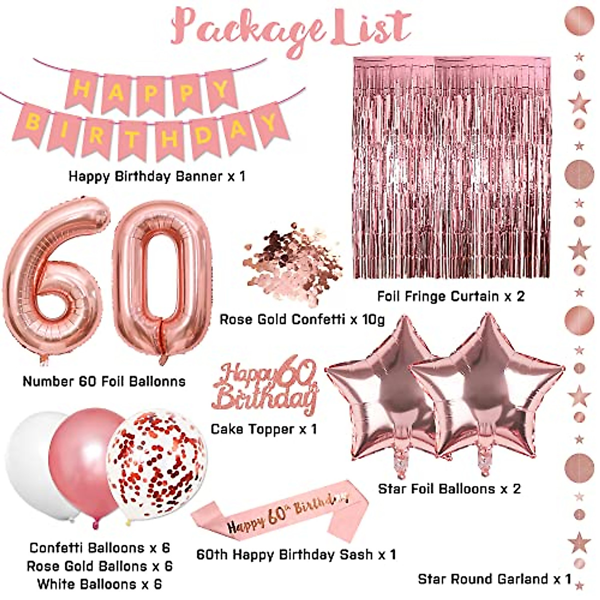Yawagor 29 Pieces Rose Gold 60th Birthday Decorations for Women, Happy Birthday Decor Set-60th Birthday Anniversary Foil Balloons, Sash, Cake Topper, Fringe Curtains for Home Indoor Party Supplies