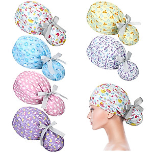 Floraltop 6 Pcs Scrub Caps Women L&D Nurse Caps with Buttons Elastic Bouffant Adjustable Bouffant Nurse Hats NICU Nurse Caps Ponytail Holder Turban Patterns for Woman Healthcare Nurse Student