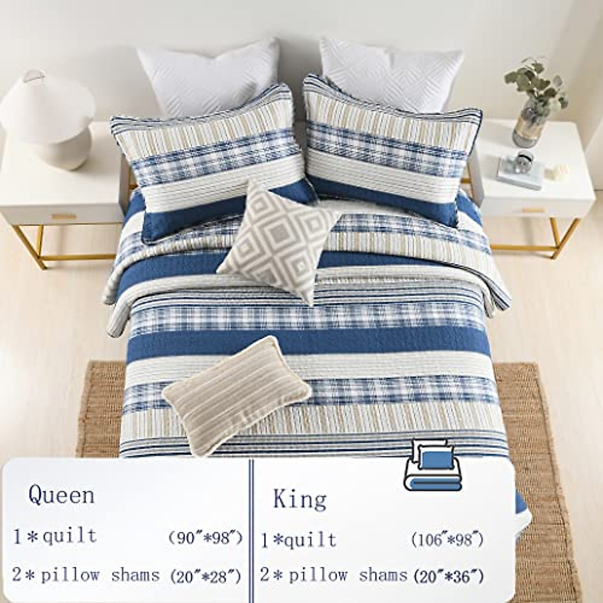 YUMIYUSHI Quilt Queen Size - Cotton Striped Queen Quilt Set,Navy Blue Tan White Plaid Queen Quilt Bedding Set ，Farmhouse Bedspreads Lightweight Reversible 3 Piece