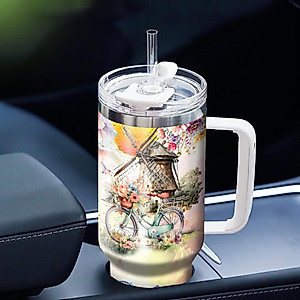 WAZONE Personalized Life Is Like Riding A Bicycle 40oz Tumbler with Handle and Straw Lid Custom Name Bicycling Gifts For Cyclist Biker Bicyclist Stainless Steel Travel Mug Flower Windmill