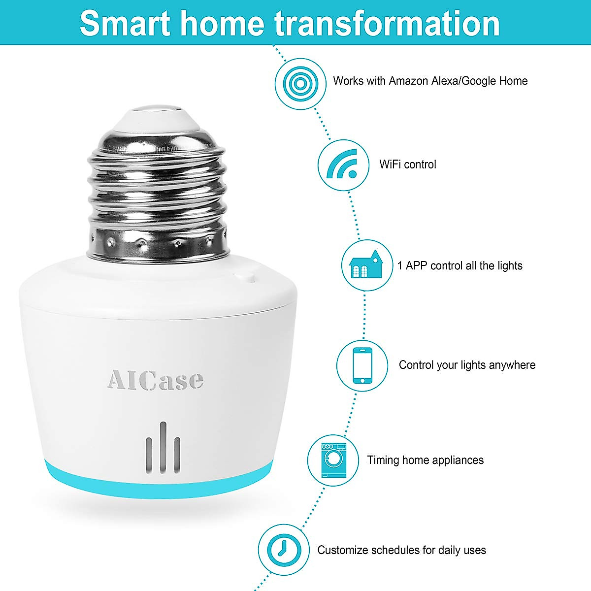 AICase Smart WiFi E27/E26 Light Socket, [2 Pack] Intelligent WLAN Home Remote Control Light Lamp Bulb Holder Compatible with Alexa and Google Home-White