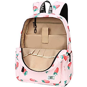 MIRLEWAIY 15.7 inch Water-resistent Large Capacity Travel Laptop Backpack Lightweight Primary Junior School Bag for Teen Girls, Pink Strawberry