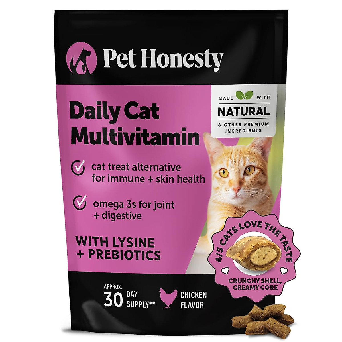 Pet Honesty Cat Multivitamin Chews - Cat Treats for Health + Immune, Cat Joint Support, Skin & Coat, and Digestion | Omega 3s, Lysine for Cats, Cat Probiotic, Cat Vitamins - Chicken (30-Day Supply)