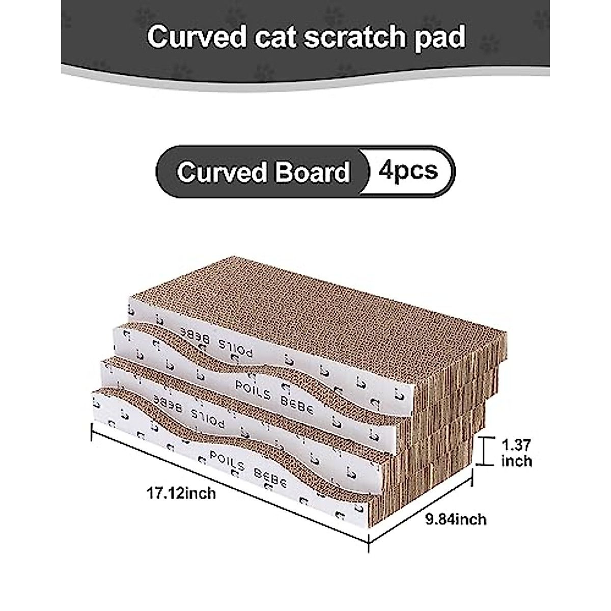 Poils bebe Cat Scratcher, Cardboard Reversible Cat Scratching Pad Large Wide Corrugated Modern Sofa Bed with Catnip (Pack of 4)