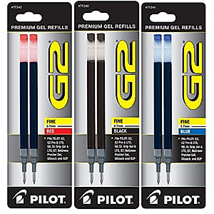 Pilot G2 Gel Ink Refill, 2-Pack for Rolling Ball Pens, Fine, Black, Red, & Blue