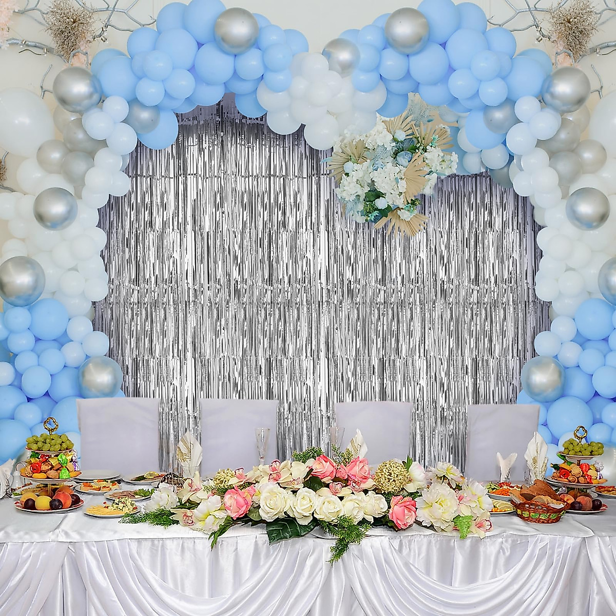 Accevo Silver Party Streamers 3Pack Metallic Tinsel Foil Fringe Curtains 3.2ft x 8.2ft Party Decorations for Photo Booth Photoshoot Birthday Bridal Shower Engagement Bachelorette Disco Party Decor