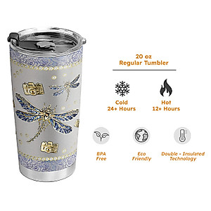 64HYDRO 20oz Dragonfly Gifts for Dragonfly Lovers, Valentines Day Gifts for Her, Birthday Gifts for Women, Mom, Daughter, Printed Jewelry Photographer Dragonfly Tumbler Cup, Travel Coffee Mug with Lid