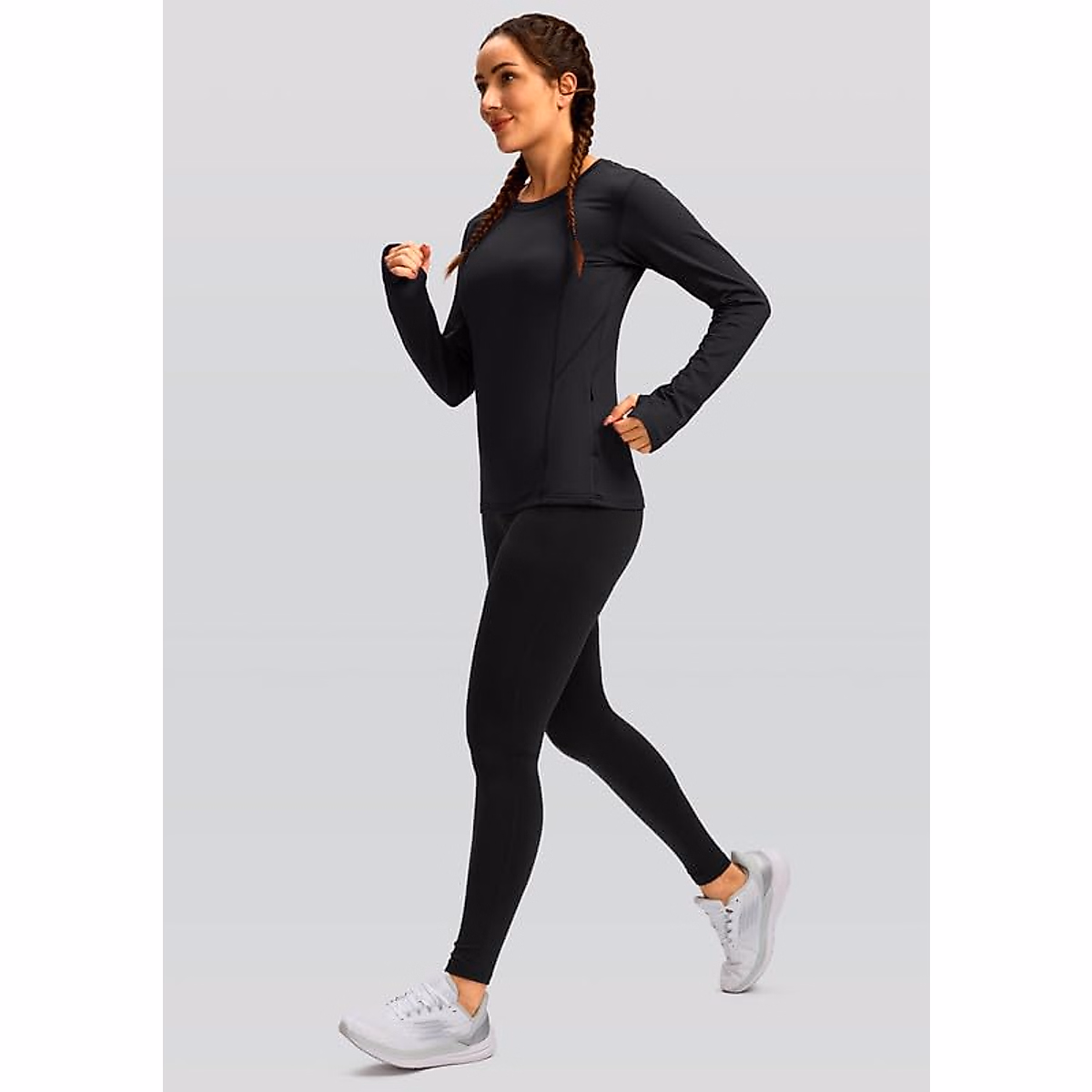 Women's Thermal Fleece Tops Long Sleeve Workout Shirts Running Athletic Base Layer with Thumb Holes Zipper Pocket(Black,L)