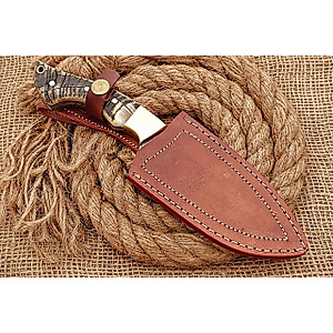 HUNTEX Unique Custom Handmade Hand-Forged New Feather Pattern Damascus Steel 9.5 Inch Long Full Tang Ram Horn Handle Razor Sharp Hunting Camping Knife with Genuine Leather Sheath