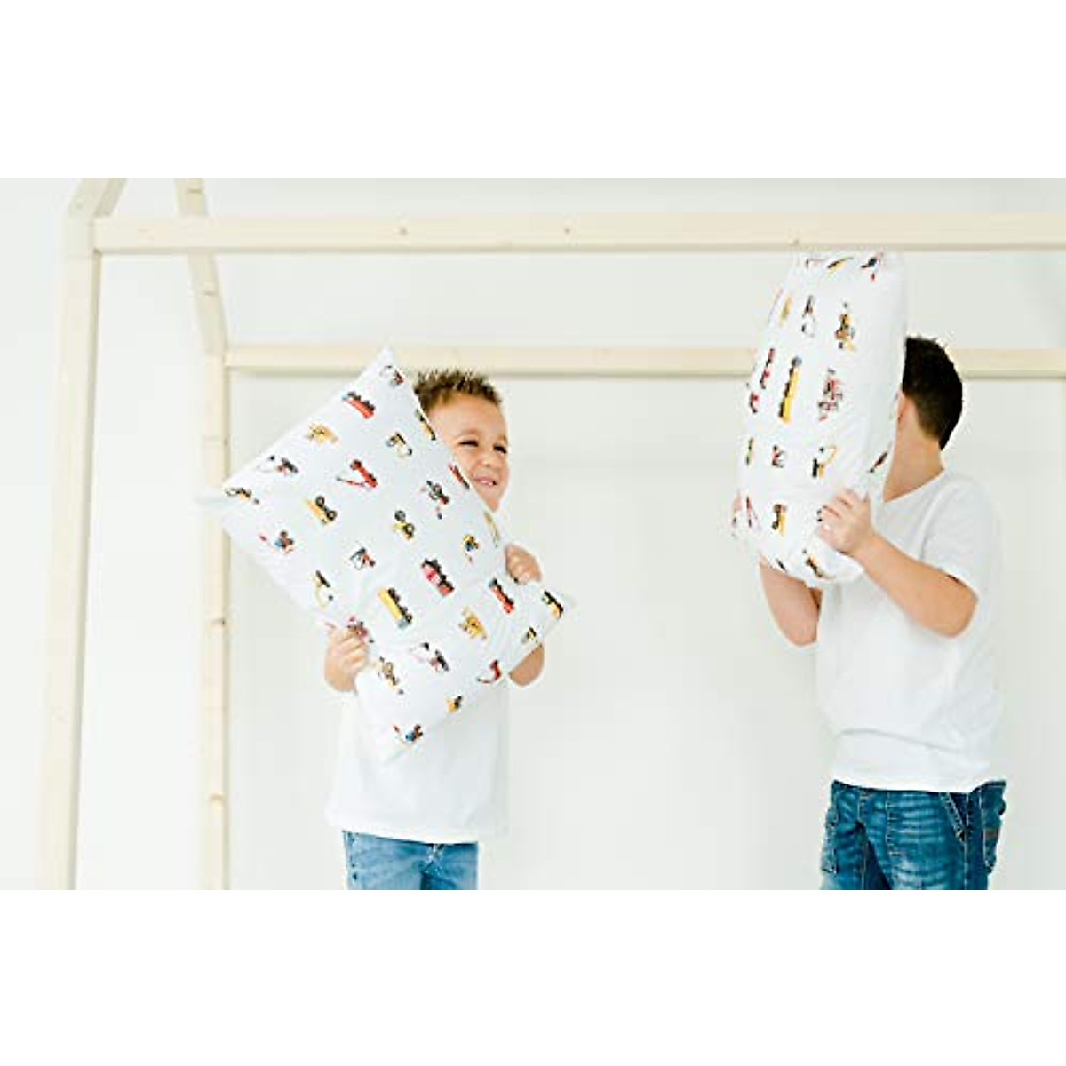 100% Cotton Toddler Pillowcase by ADDISON BELLE - Fits Both 13"x18" and 14"x19" Pillows - Soft, Durable & Breathable (Construction Trucks)