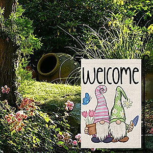 CROWNED BEAUTY Spring Garden Flag Gnomes Welcome 12×18 Inch Double Sided Vertical Outside Holiday Decor for Yard