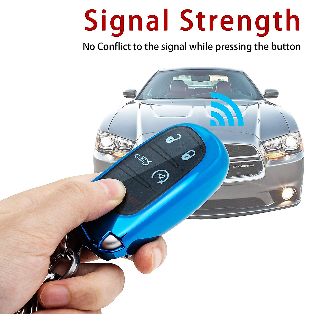 KPPOWER for Dodge Key Fob Cover,Key Fob Case for Dodge Charger Challenger Dart Journey Durango Grand Caravan Smart Premium Soft TPU Dodge Key Case Cover 3/4/5 Button(Blue)