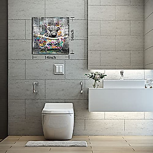 Kepgonegu Highland Cow Bathroom Wall Art Banksy Graffiti Canvas Wall Art Black and White Wall Art Ready to Hang Size 14”W x 14”H