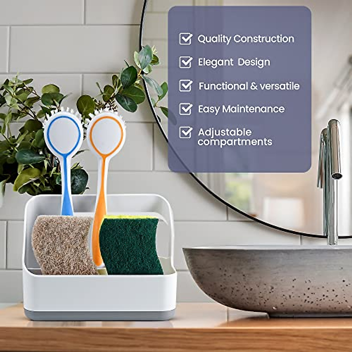 Cheer Collection Toiletry Organizer and Sponge Caddy, Countertop Organizer for Kitchen and Bathroom Sink with Removable Dividers and Drain Tray