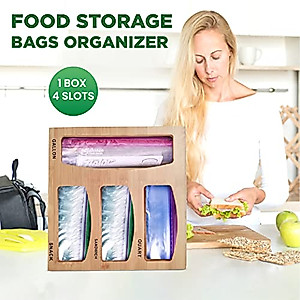 Bamboo Bag Organizer for Drawer and Wall , Sandwich Bag Organizer Bundled with Baggie Holder , 4 Slots Food Storage Bag Holder , Baggie Organizer Set , Natural Bag Storage Organizer with Black Labels
