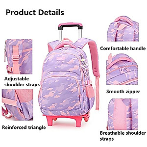 Stripe Rolling Trolley Bag Wheeled Backpack for Girls Primary Geometric Schoolbag Elementary Bookbag (Purple Pink)