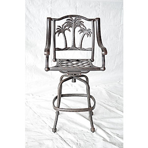 Palm Tree Outdoor Patio Set 6pc Swivel Barstools 30" H Dark Bronze Cast Aluminum, Walnut Cushions