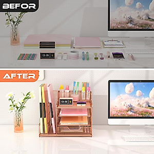 VIVSOL Rose Gold Desk Organizer, Desk Organizers and Office Desk Accessories with Drawer + Vertical File Sorters, Office Supplies for Women, Desk File Organizer Storage for Office, School, Home