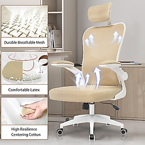 SenceHome Office Chairs, Ergonomic Office Chair, High Back Desk Chair with Adjustable Headrests, Lumbar Support and Flip-up Armrests, Breathable Mesh Computer Chair for Home Office (Khaki)