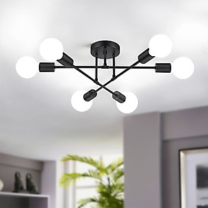 Modern Sputnik Chandelier 6-Light Industrial Ceiling Lights Fixture 22" Black Semi Flush Mount Ceiling Light with E26 Base Sputnik Lights Fixture for Dining Room Bedroom Foyer Hallway Living Room