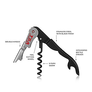 True Jetsetter Black Double Hinged TSA Compliant Corkscrew Bottle Opener, Stainless Steel Wine Key 0.75x4.75x1