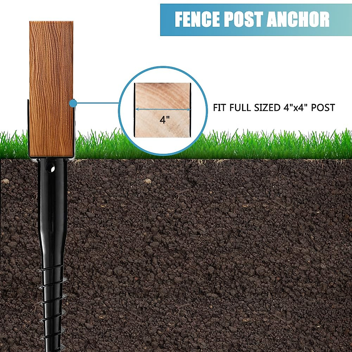 Furnishh No Dig Ground Anchor 4"x4" Post Holder U Model Screw in Post Stake for Mailbox Posts and Fence Posts, 27" Long Post Anchor Spike, Black