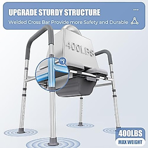 Raised Toilet Seat with Handles, Stand Alone Elongated Toilet Riser with arms and Widen seat, Heavy Duty 400lb Adjustable Commode Chair with Safety Frame, Shower Chair for Elderly, Handicap Pregant