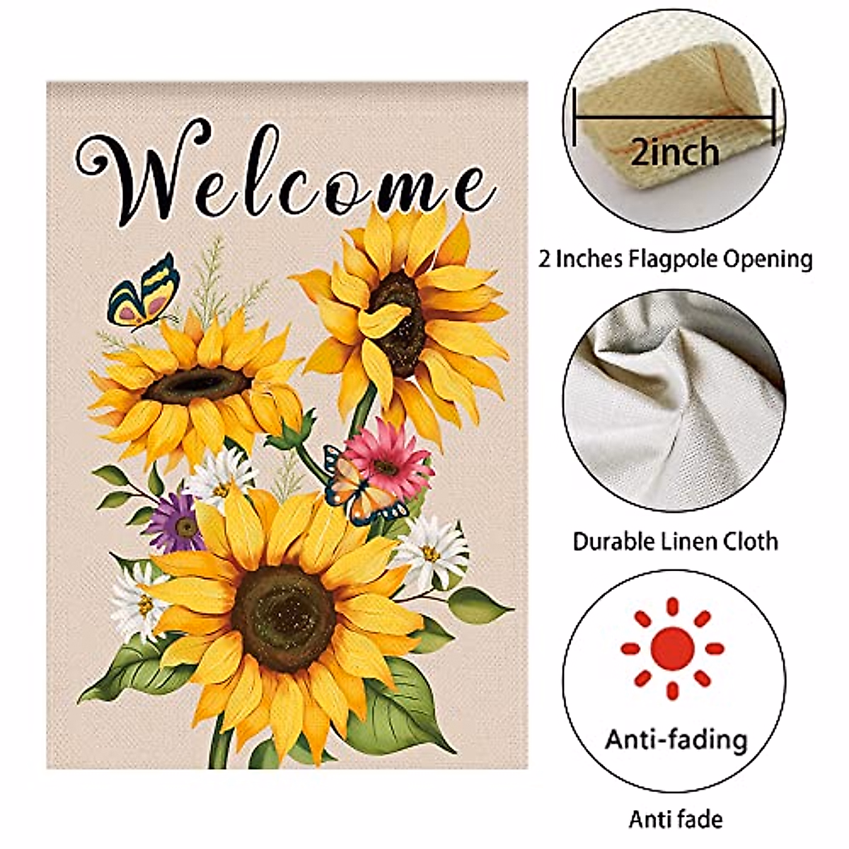 WODISON Spring Summer Sunflower Welcome Garden Flag, Vertical Double Sided Floral Butterfly Burlap Flag, Outdoor Decoration For Outside Yard Farmhouse 12 x 18 Inch (ONLY FLAG)