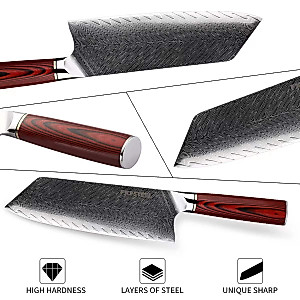 FXFSTEEL Damascus Chef Knife with Premium G10 Handle, 7.5 inch Japanese VG-10 Stainless Steel Santoku Knife Ultrasharp Cleaver for Vegetable Meat Cooking(Red)