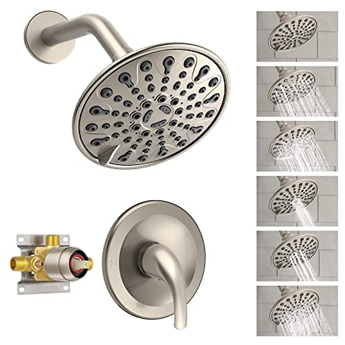 Brushed Nickel Shower Faucet Set, EMBATHER Shower Fixtures with 6 Inch Rainfall Shower Head, Single Handle Control Shower Valve and Trim Kit