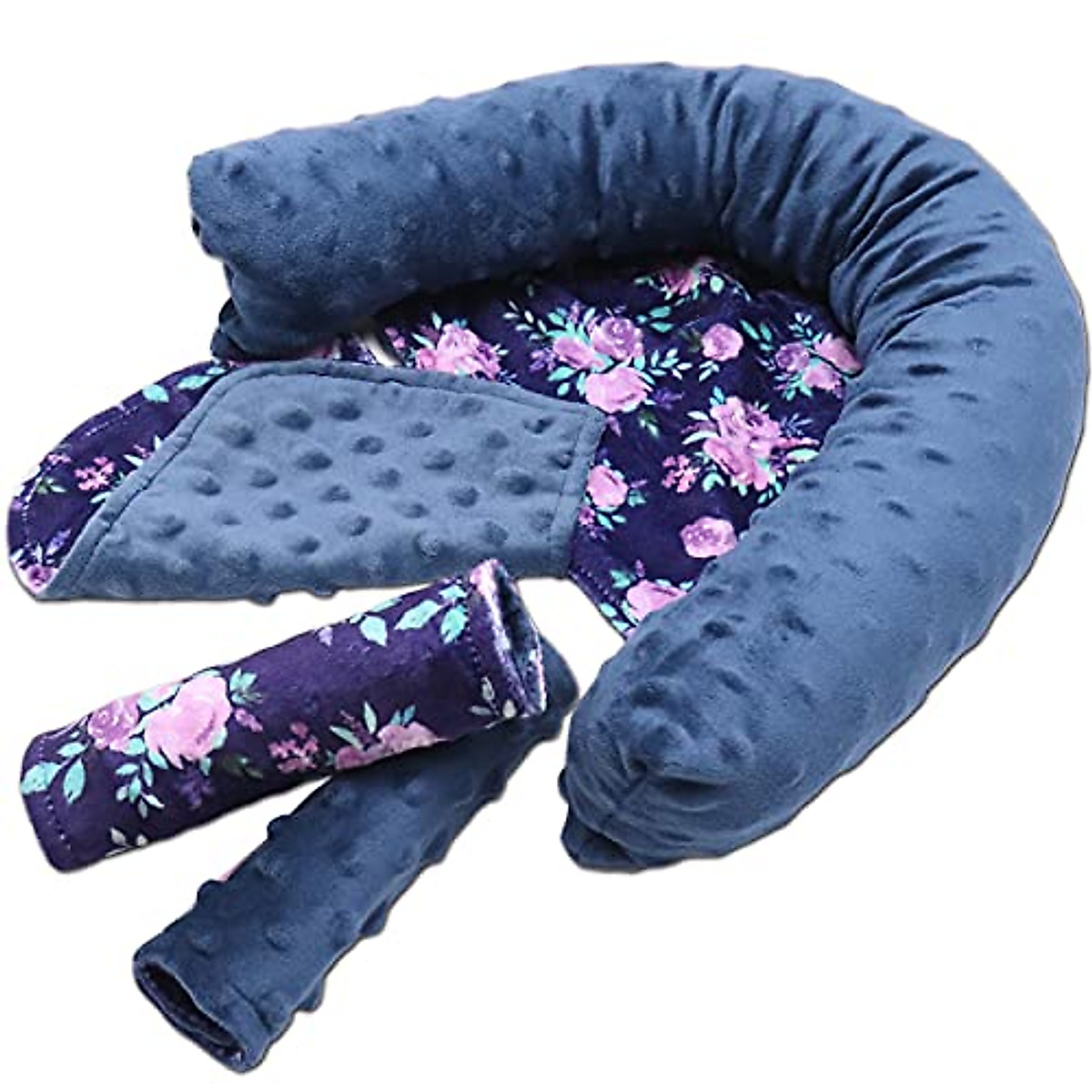 Baby Carseat Headrest and Strap Covers, Purple Floral Minky Infant Strollers Head Support & Seat Belt Cover, Toddler Strollers Headrest and Neck Cover, Car Accessories for Newborn Boys & Girls