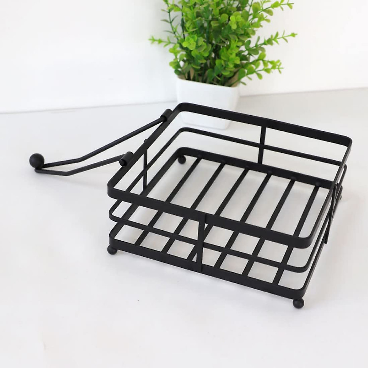Flat Napkin Holder, Tissue Rack Stand for Kitchen Dining Table, Black Metal Napkin Dispenser with Weighted Arm, Square Tissue Holder for Farmhouse Kitchen Countertops Tables Tissue Storage basket