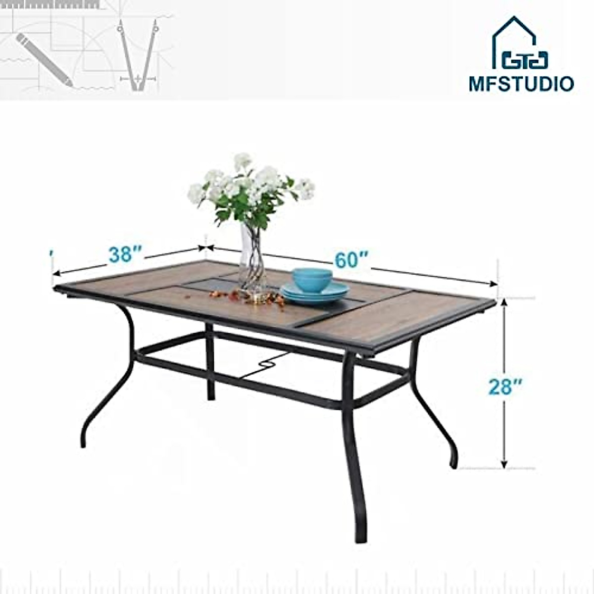 MFSTUDIO 60" Patio Dining Table Large Woodlike Rectangular Table, Backyard Outdoor Furniture Garden Table with Metal Frame and Umbrella Hole, Black