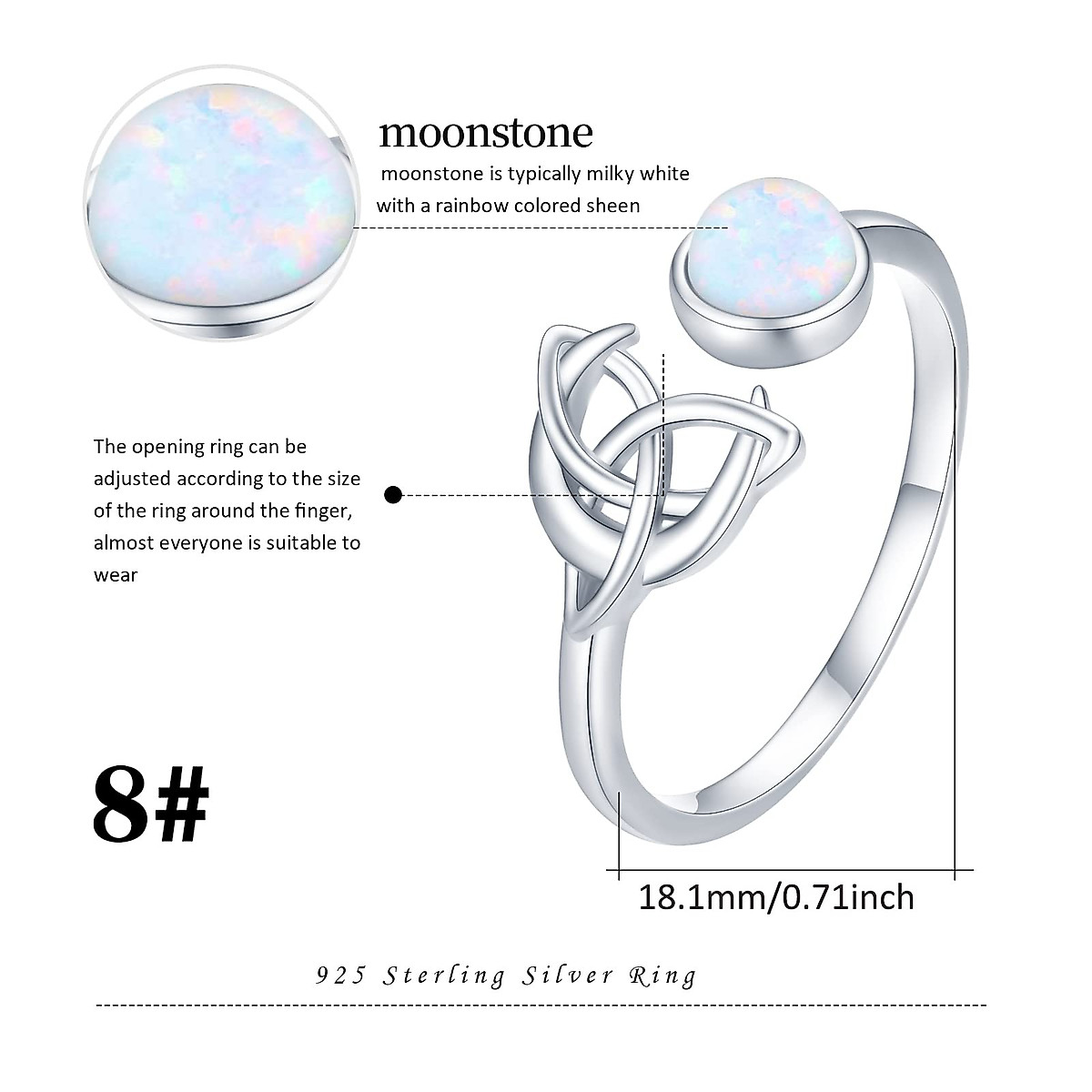 TUGHRA White Opal Ring Birthstone Statement Rings Celtic Knot Moon Ring 925 Sterling Silver Crescent Moon Ring Open Adjustable Rings Jewelry Gift for Women Teen Wife Birthday Present Jewelry