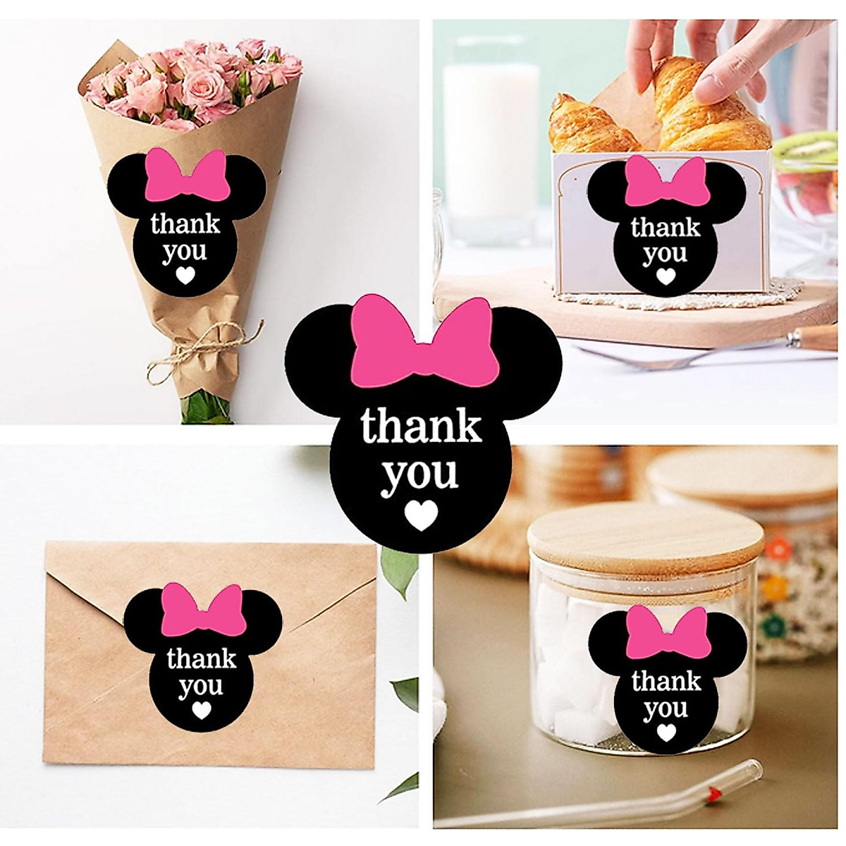 Pop Resin Mickey Minnie a Mouse Thank You Stickers 2.38 x 2 inch Mickey Ears Thank You Labels for Envelope Seals Birthday Baby Shower Party 200 Pack, Pink