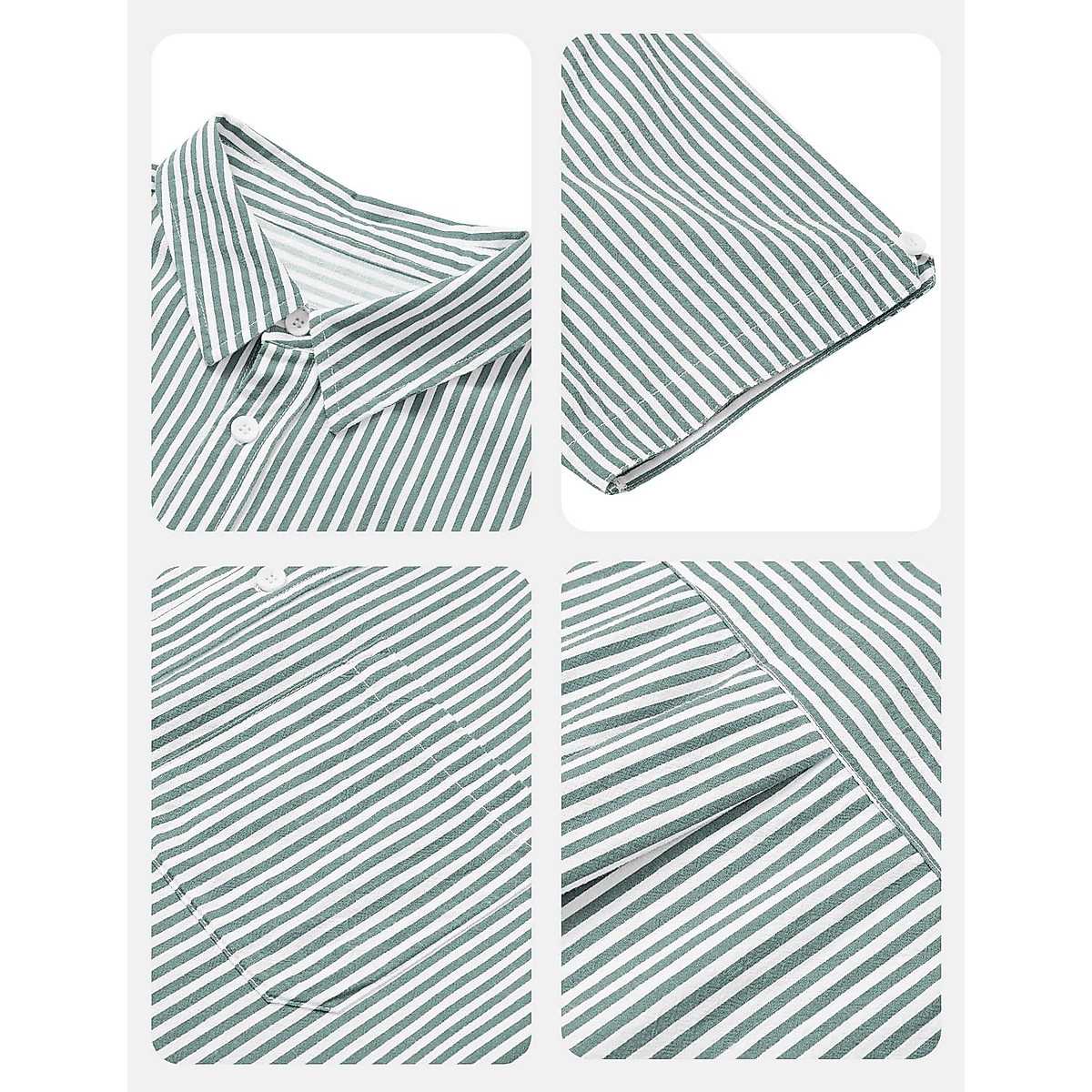 TUREFACE Green Shirt for Men Casual Button Down Short Sleeve Stripes Banded Collar Summer Shirt Lightweight Relaxed Fit