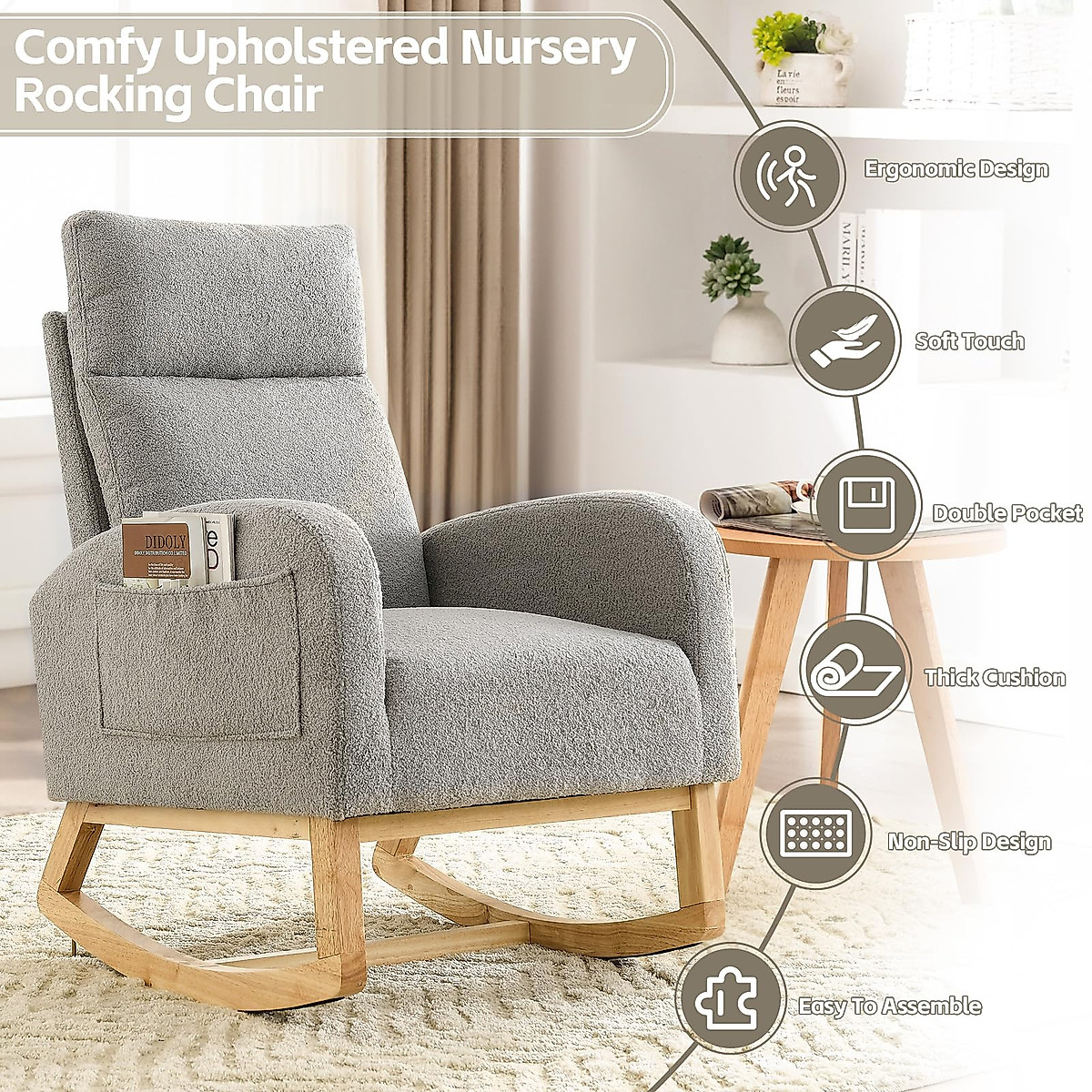 JEEOHEY Rocking Chair Nursery,Teddy Fabric Upholstered Baby Glider Rocker Chair,Comfy Accent Arm Chair with Side Pockets&Solid Wood Legs,Modern Nursing Single Sofa Chair for Living Room,Bedroom(Grey)