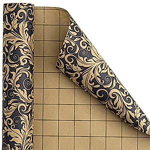 RUSPEPA Kraft Wrapping Paper Roll - Navy Floral Pattern Great for Birthday, Party, Wedding - 17 Inches X 32.8 Feet