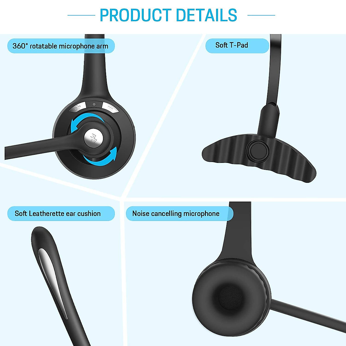 TURN RAISE Truck Headset, Wireless Headphone with Mic, Over-The-Head Driver Headset, Noise Cancel Cell Phone Wireless Headset, Suit for Office Truck Skype
