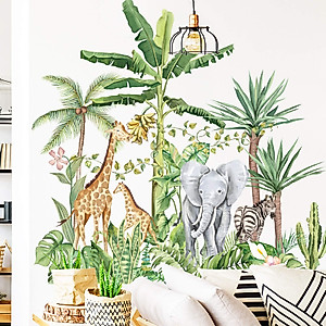 Tropical Rainforest Animals Plants Wall Stickers, AUHOKY Removable Cartoon Elephant Giraffe Nordic Plant Wallpaper Decor, Peel and Stick Art Murals for Kids Bedroom Background Nursery Home Decorations