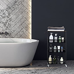 4 Tier Slim Rolling Cart, Narrow Shelf Storage Cart for Small Space, Slide Out Narrow Cart with Wooden Top, Metal Handle and Wire Mesh for Narrow Space on Kitchen, Bathroom, Laundry Room, Black.