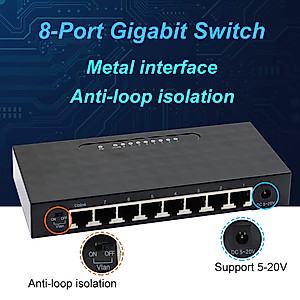 8 Port Gigabit Switch，Unmanaged 10/100/1000Mbps Network Hub Ethernet Splitter,Plug and Play,Quiet Fanless,for Office and Home Entertainment.