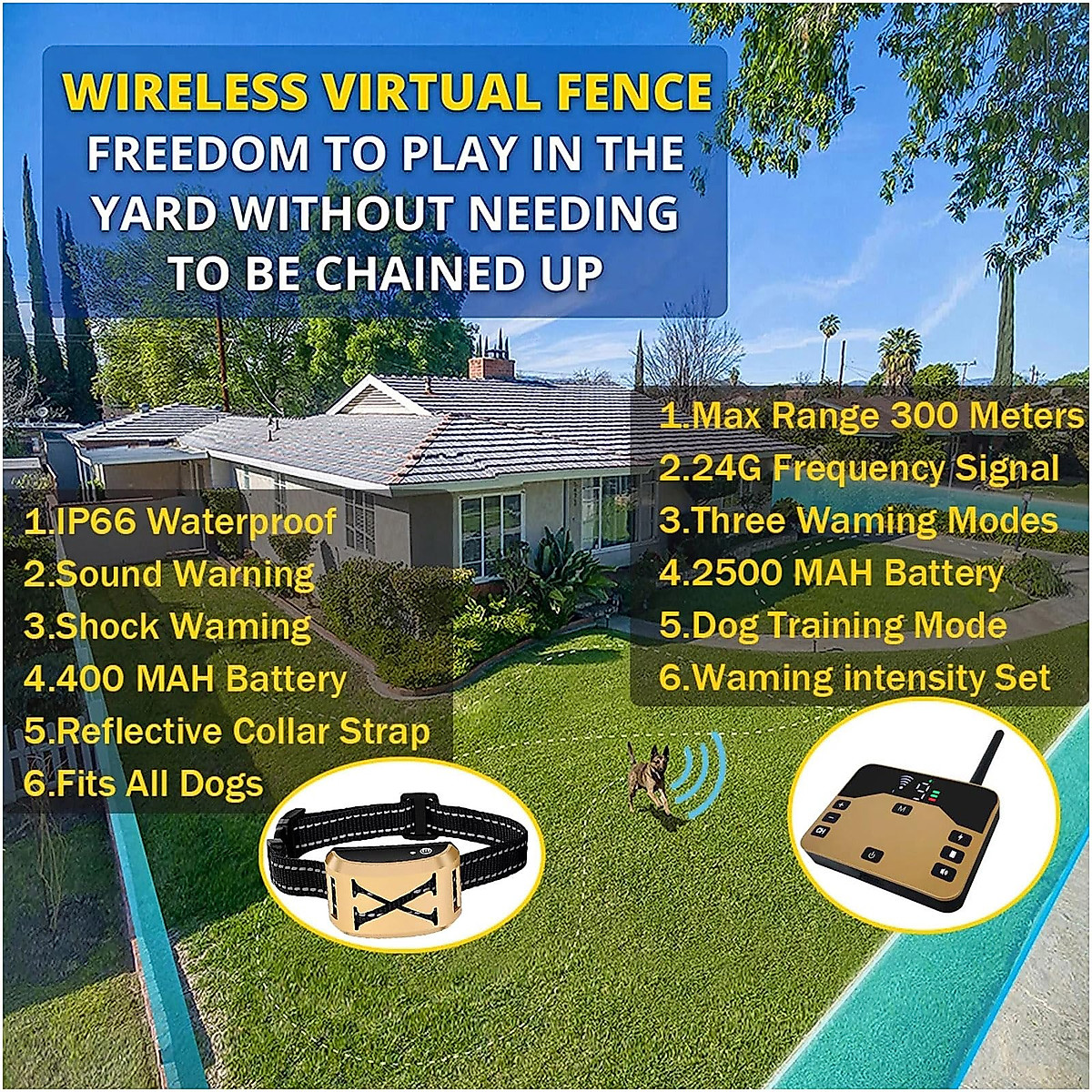 HEXIEDEN Wireless Dog Fence System Electric Fence Training Collar w/Remote 2-in-1, Pet Boundary Containment System with Adjustable Vibration & Shock, Waterproof, Rechargeable, for 1 2 3 Dogs,for2dogs