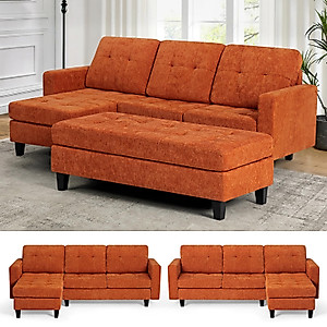 ACMEASE 84" Chenille Convertible Sectional Sofa w/Movable Ottoman Bench, 3 Seats L Shaped Couch w/Reversible Chaise Lounge,Modern Upholstered Sofa w/Tufted Cushions for Apartment, Living Room, Orange