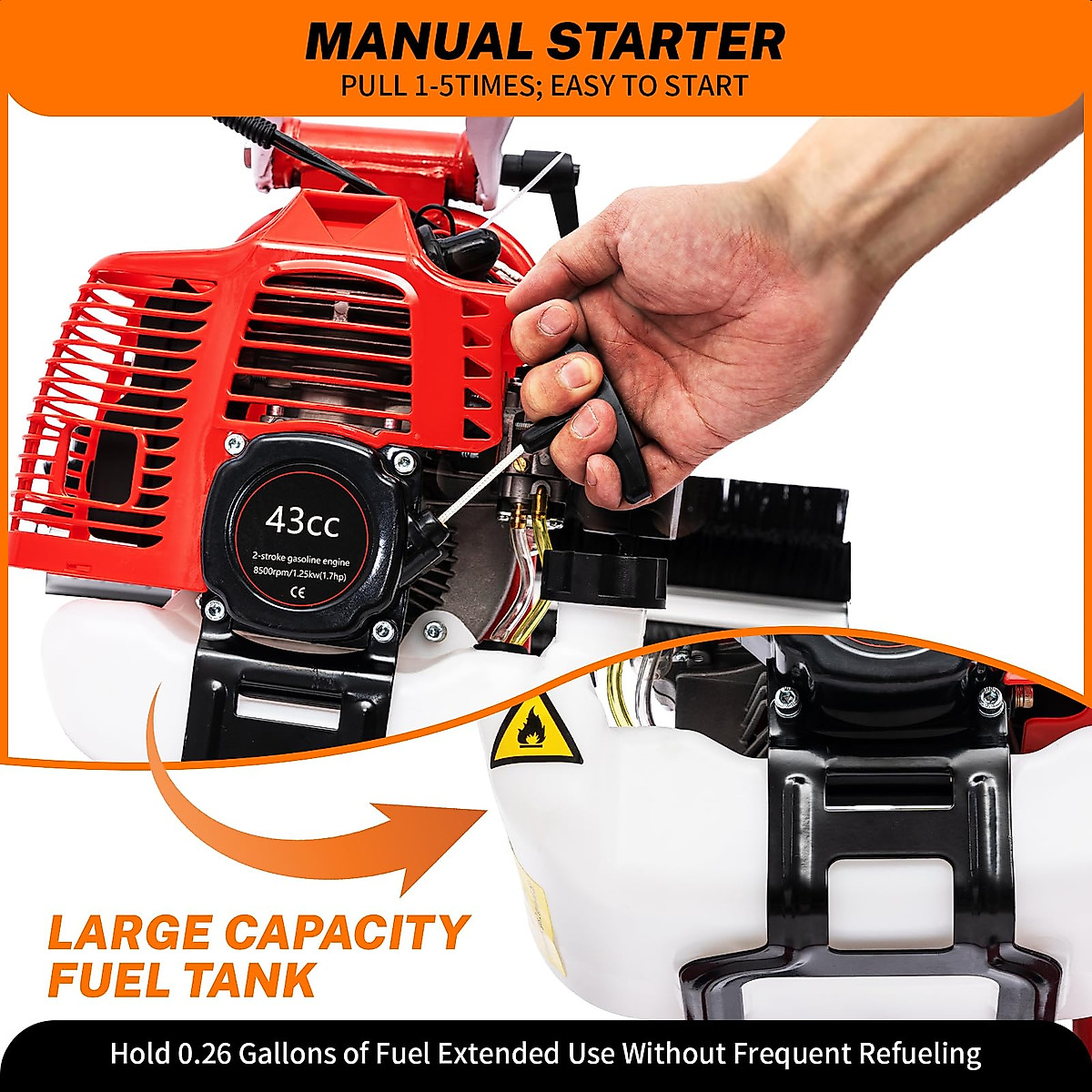 Outdoor Walk Behind Sweeping Gas Power Broom, 1.7HP 43CC Powerful Device with 2-Stroke Petrol Engine for Clean Driveways and Sidewalks, Parks and Other Flat Surfaces,Air-Cooled System