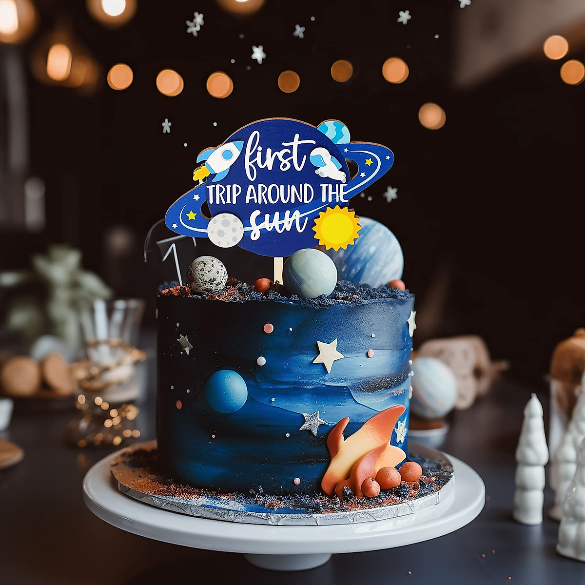 Huray Rayho First Trip Around the Sun One Cake Topper Outer Space Wooden Cake Decorations Cake Smash Topper for Boys Solar System 1st Birthday Party Galaxy Party Supplies