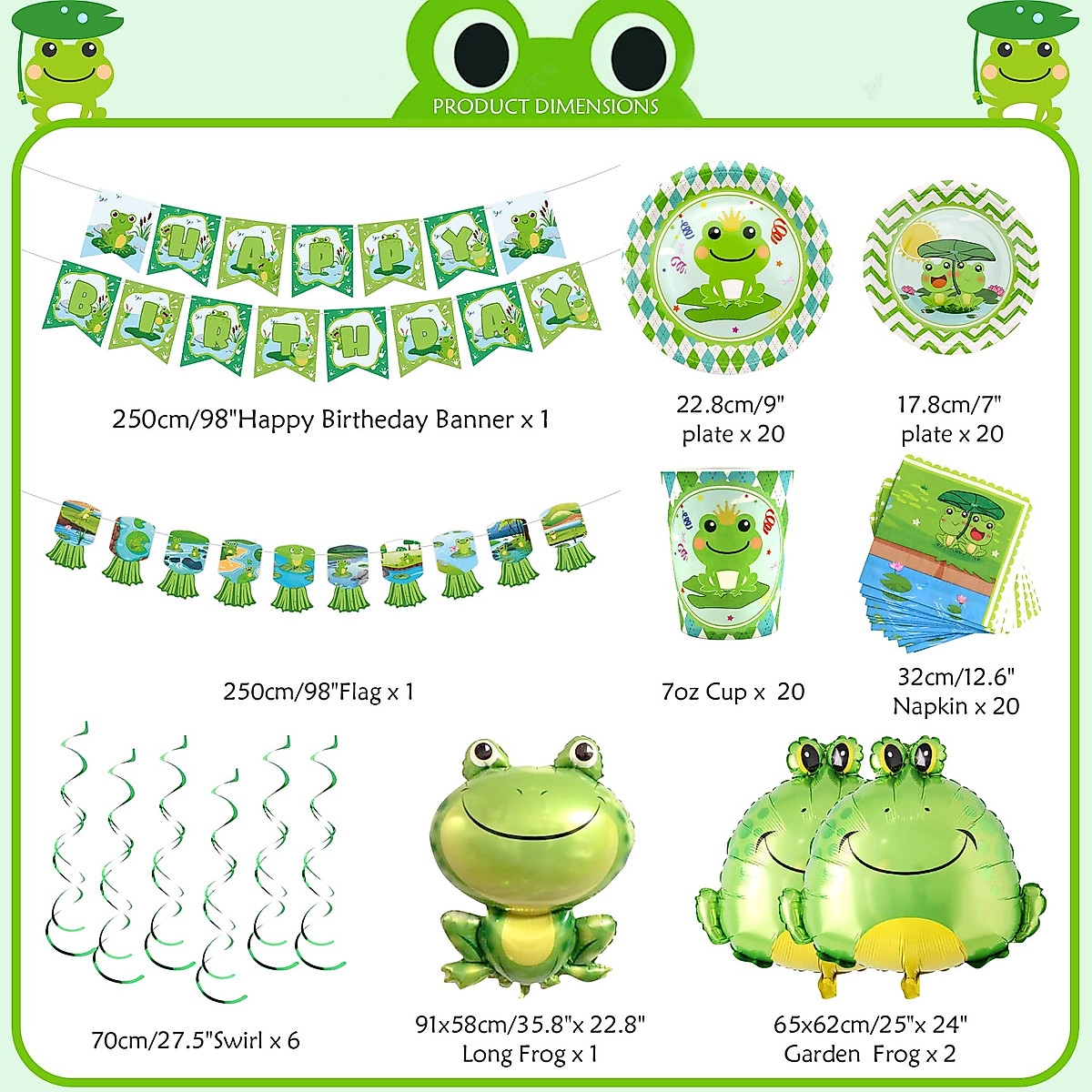 Frog birthday Party Decoration, Frog Party Supplies Tableware Includes Paper Plates, Balloons and HAPPY BIRTHDAY Banner for Green Frog Camping Baby Shower Kids Birthday Dinnerware Party, Serves 20