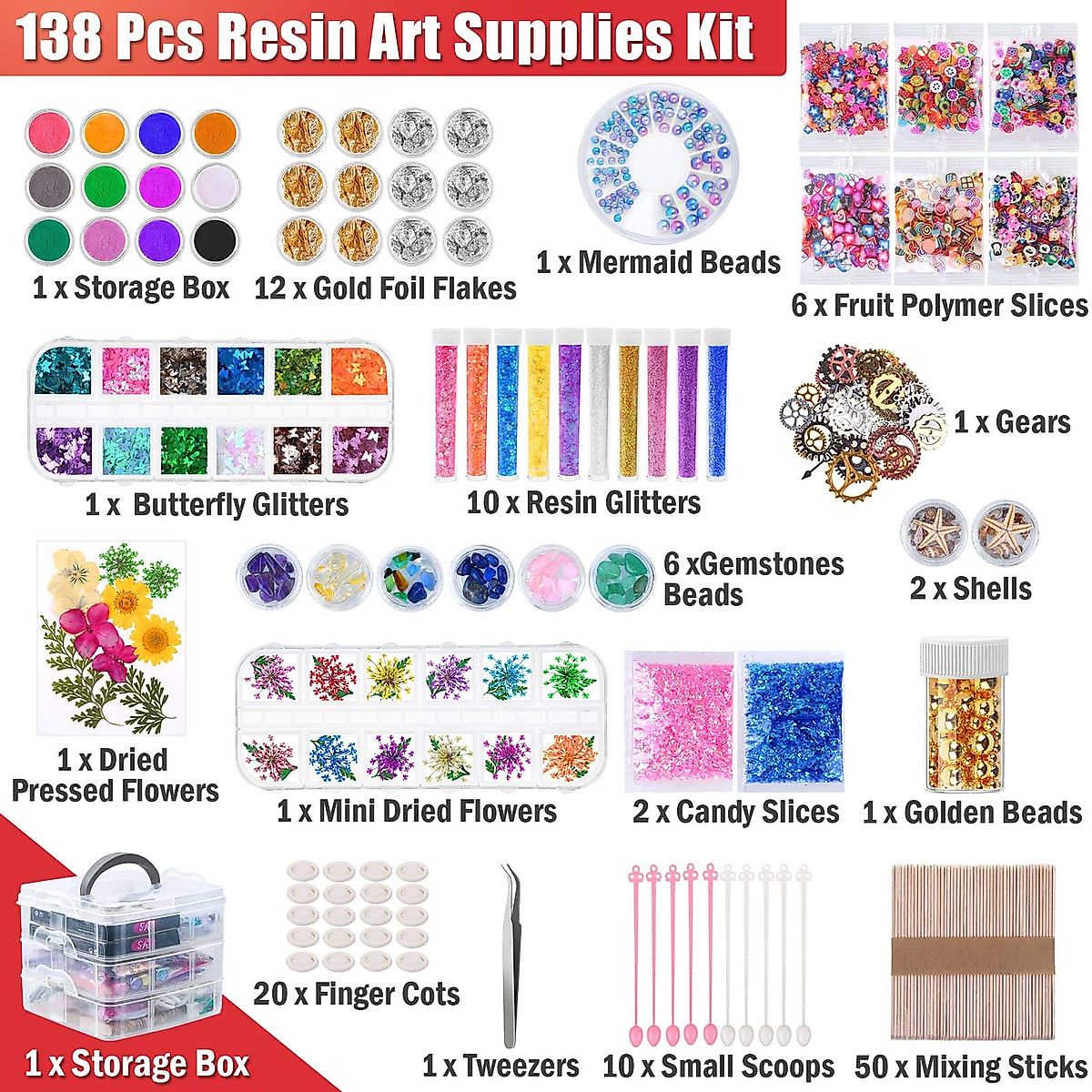 Thrilez Resin Decoration Accessories Kit, Jewelry Making Supplies with Dried Flowers, Glitter Sequin, Mica Powder, Foil Flakes and Epoxy Fillers for Crafts Beginners