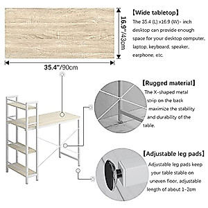 4NM 35" Small Computer Desk with 4-Tier Bookshelf, Home Office Desk Writing Workstation Study Table Multipurpose for Small Space Work - Natural and White