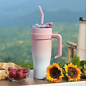 40 oz Tumbler with Handle and Straw Lid, Leak proof Travel Coffee Mugs, Pink Stainless Steel Insulated Tumblers, Water Cup with Handle, Keep Drinks Cold for 24 Hours, Dishwasher Safe, BPA Free
